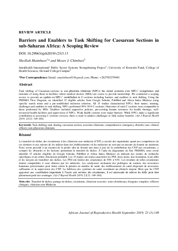 (PDF) Barriers and Enablers to Task Shifting for Caesarean Sections in sub-Saharan Africa: A ...