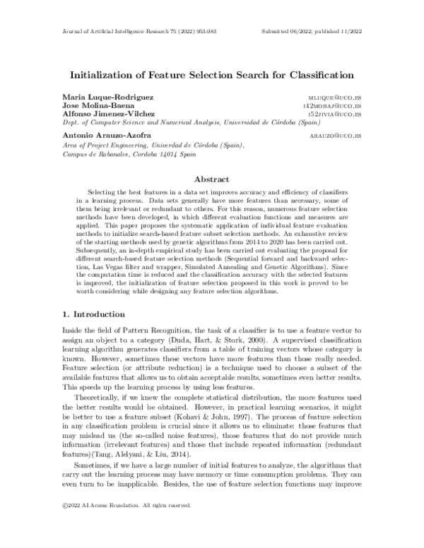 (PDF) Initialization of Feature Selection Search for Classification