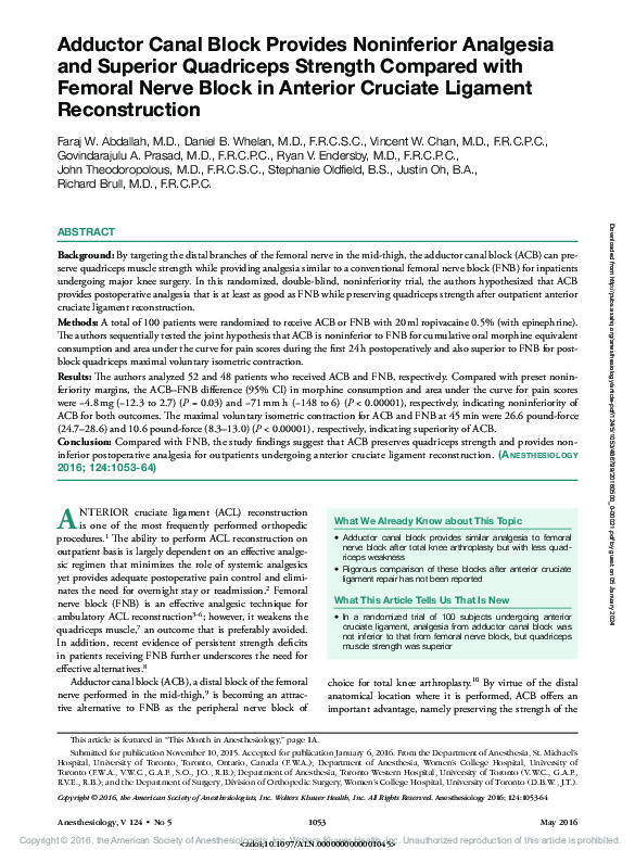 (PDF) Adductor Canal Block Provides Noninferior Analgesia and Superior ...