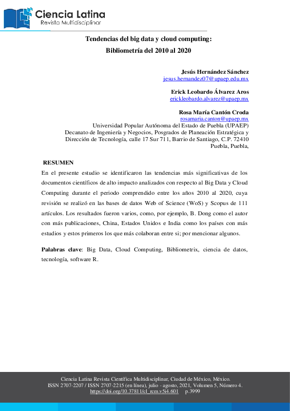 (PDF) Tendencias del big data y cloud computing: Bibliometría del 2010 al 2020