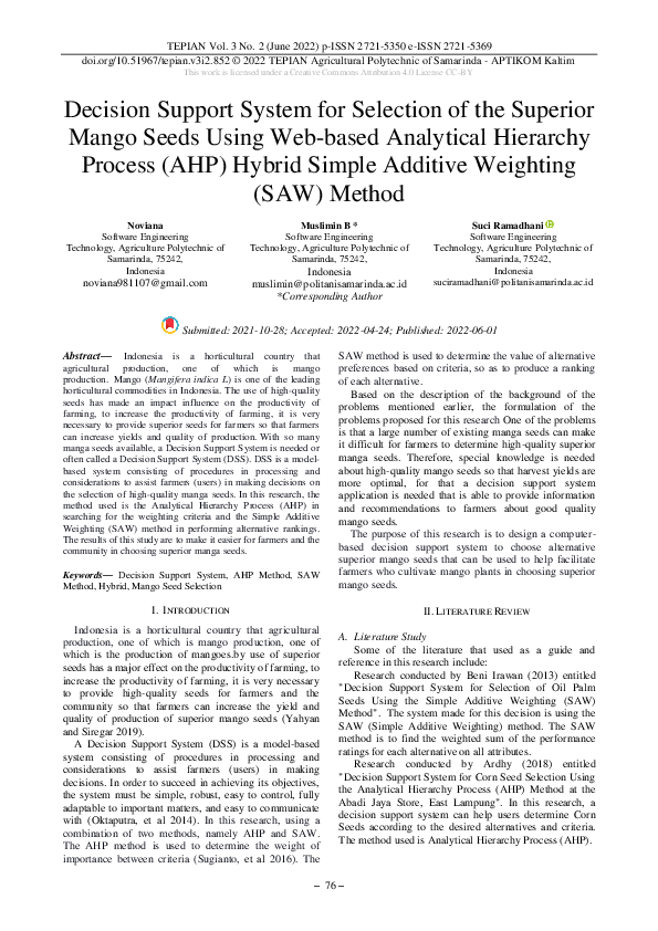 (PDF) Decision Support System for Selection of the Superior Mango Seeds Using Web-based ...