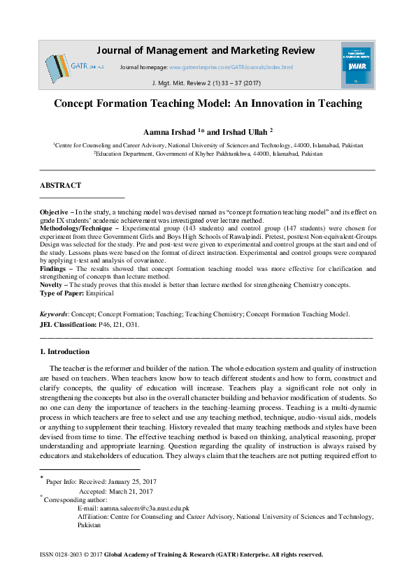 (PDF) Concept Formation Teaching Model: An Innovation in Teaching