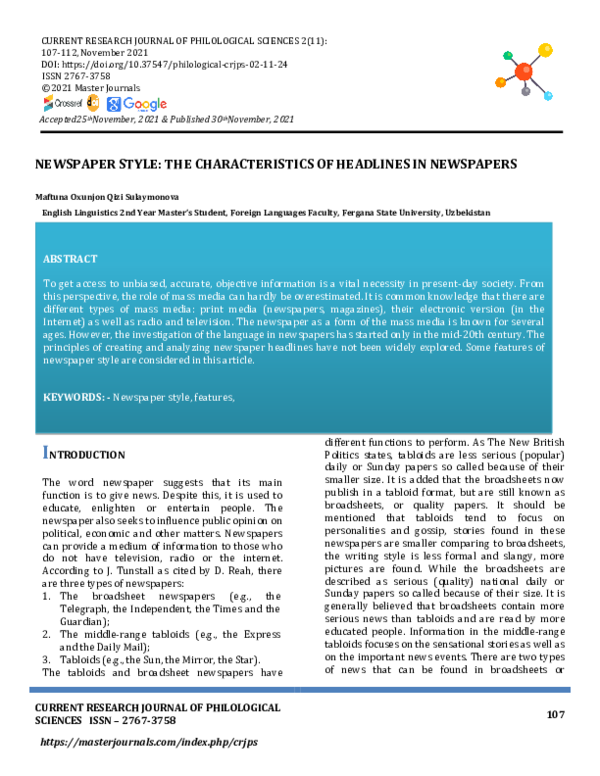 (PDF) Newspaper Style: The Characteristics of Headlines in Newspapers