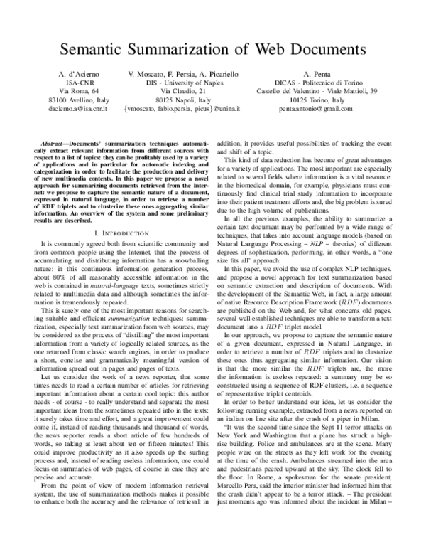 Pdf Semantic Summarization Of Web Documents