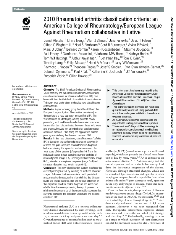 (PDF) 2010 Rheumatoid arthritis classification criteria: an American ...