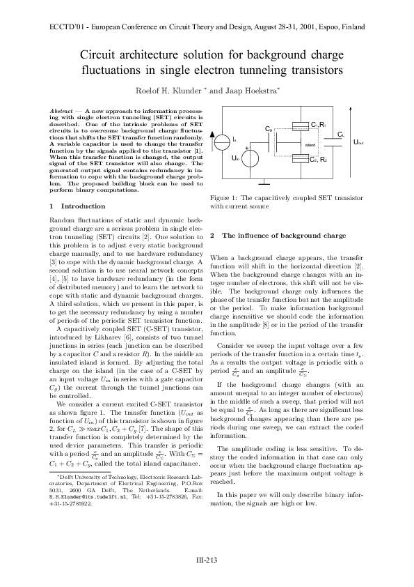 (PDF) Circuit architecture solution for background charge fluctuations in single electron ...