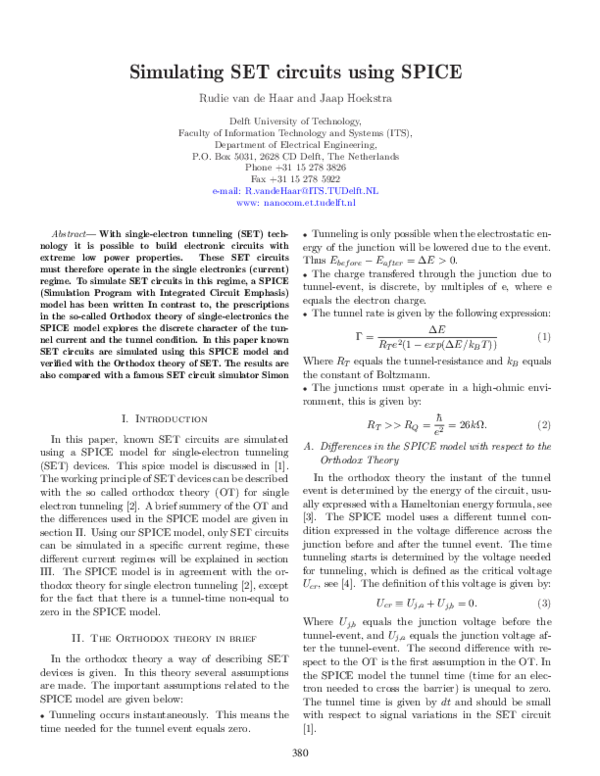 (PDF) Simulating SET circuits using SPICE