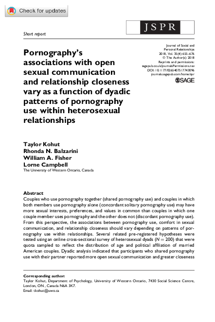 (PDF) Pornography’s associations with open sexual communication and relationship closeness vary ...