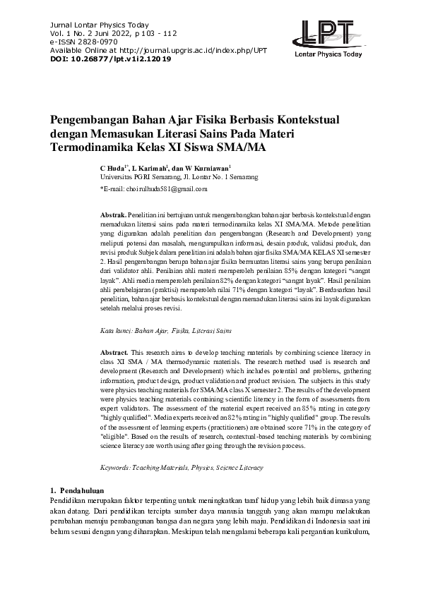 (PDF) Pengembangan Bahan Ajar Fisika Berbasis Kontekstual dengan Memasukan Literasi Sains pada ...