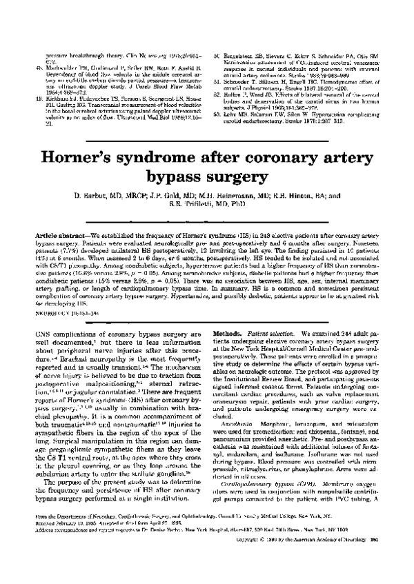 (PDF) Horner's syndrome after coronary artery bypass surgery | Denise ...