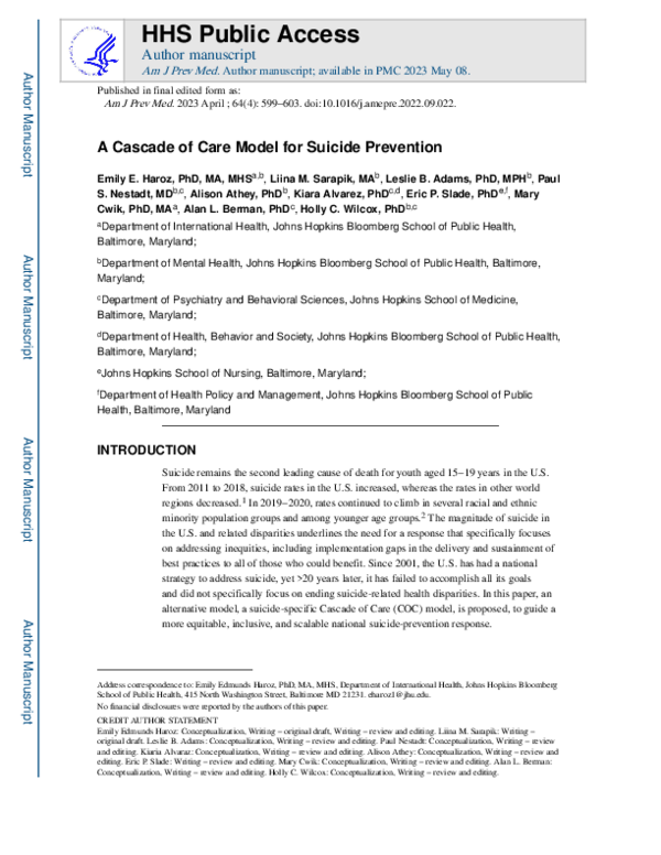 (PDF) A Cascade of Care Model for Suicide Prevention | Liina Melanie ...