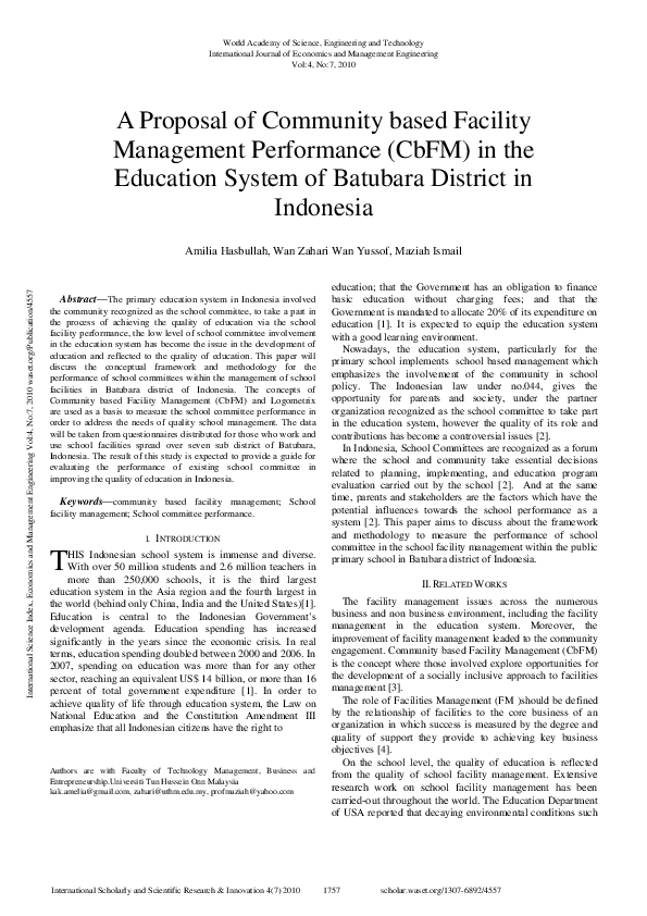 (PDF) A Proposal Of Community Based Facility Management Performance ...