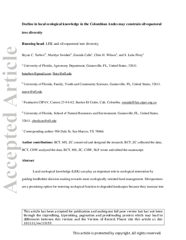 (PDF) Decline in local ecological knowledge in the Colombian Andes may ...