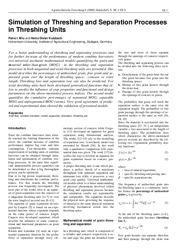 (PDF) Simulation of Threshing and Separation Processes in Threshing Units