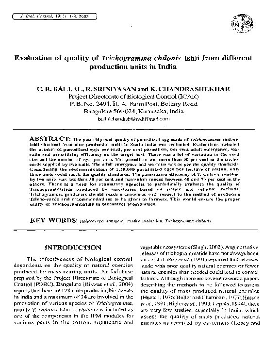 (PDF) Evaluation of Quality of Trichogramma chilonis Ishii from Different Production Units in ...