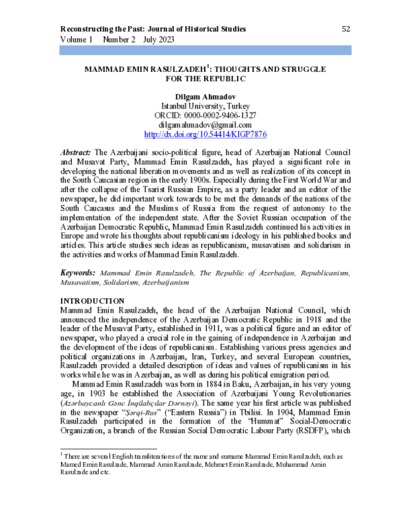 (PDF) MAMMAD EMIN RASULZADEH: THOUGHTS AND STRUGGLE FOR THE REPUBLIC
