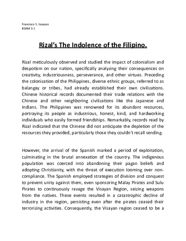 (DOC) Rizals The Indolence of the Filipino Jusayan