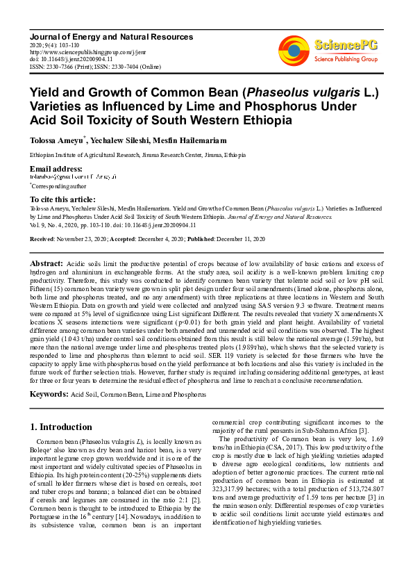 (PDF) Yield and Growth of Common Bean (Phaseolus vulgaris L.) Varieties as Influenced by Lime ...