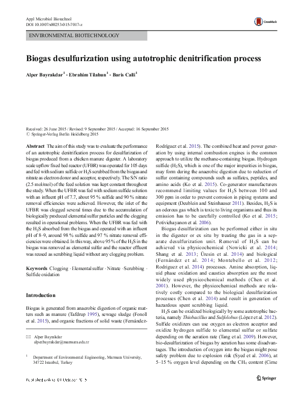 (PDF) Biogas desulfurization using autotrophic denitrification process ...