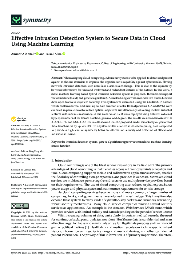 (PDF) Effective Intrusion Detection System to Secure Data in Cloud Using Machine Learning