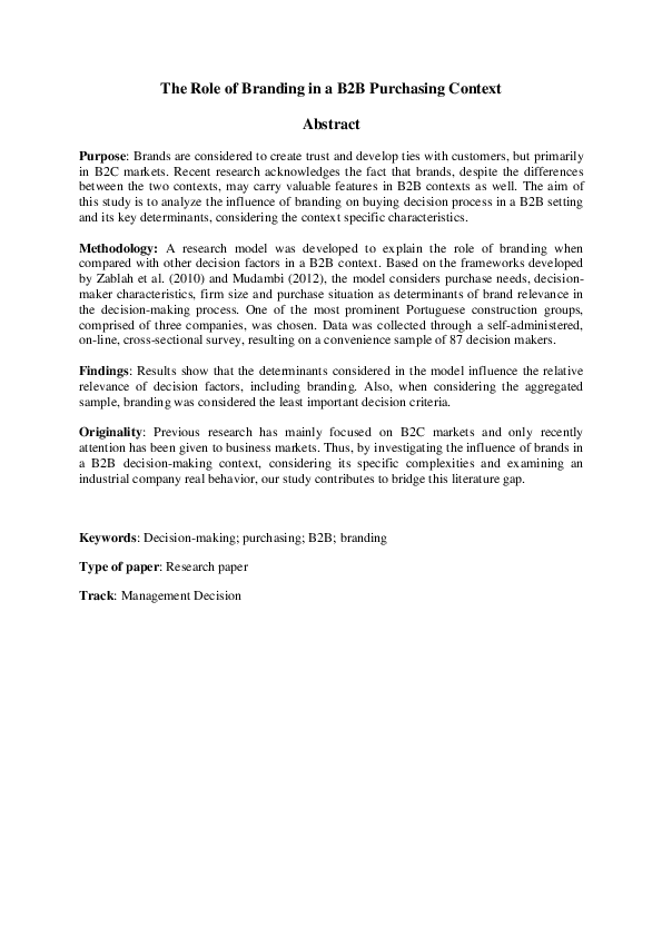 (PDF) The Role of Branding in a B2B Purchasing Context