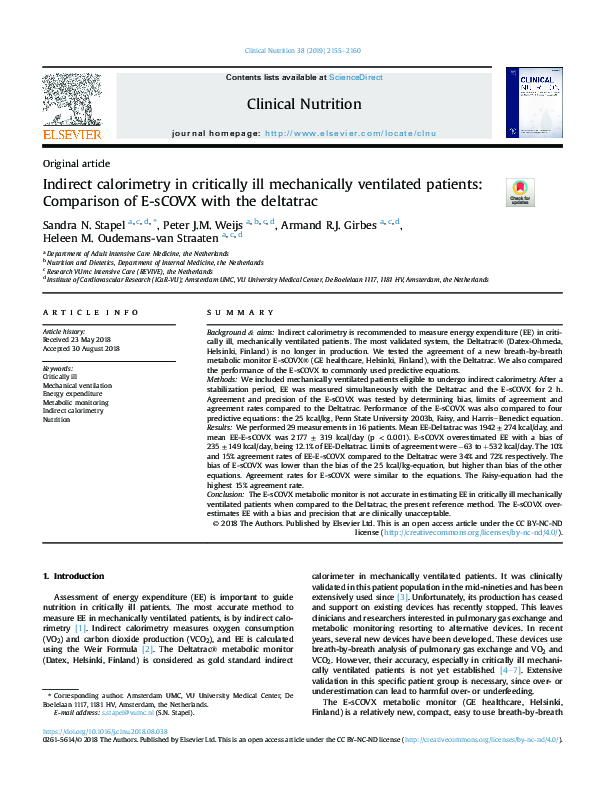 (PDF) Indirect calorimetry in critically ill mechanically ventilated ...