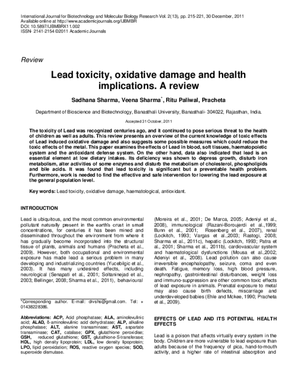 Pdf Lead Toxicity Oxidative Damage And Health Implications A Review