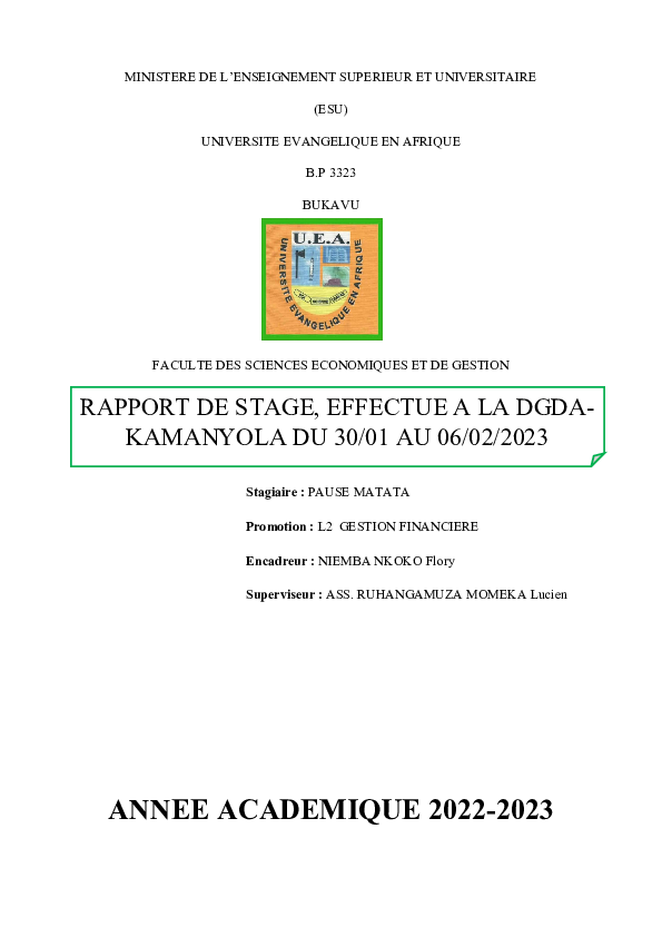 (PDF) RAPPORT DE STAGE DGDA Kamanyola