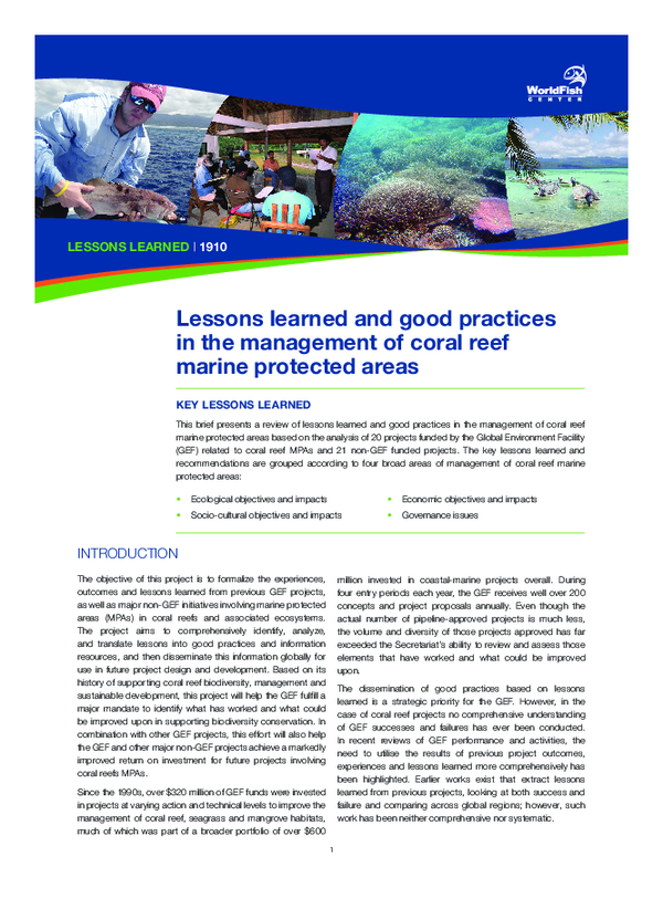 (PDF) Lessons learned and good practices in the management of coral ...