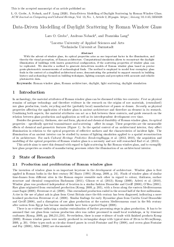 (PDF) Data-Driven Modelling of Daylight Scattering by Roman Window Glass