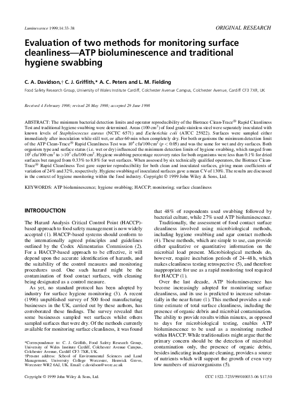 (PDF) Evaluation of two methods for monitoring surface cleanliness—ATP ...