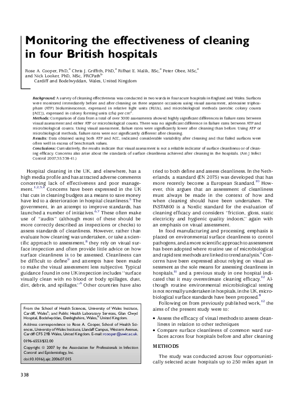 (PDF) Monitoring the effectiveness of cleaning in four British hospitals