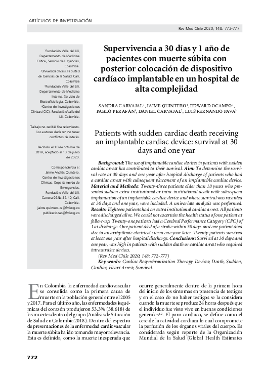 (PDF) Supervivencia a 30 días y 1 año de pacientes con muerte súbita ...