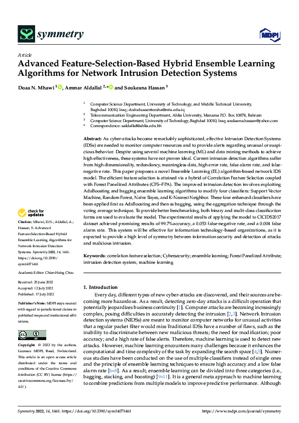 Pdf Advanced Feature Selection Based Hybrid Ensemble Learning Algorithms For Network Intrusion