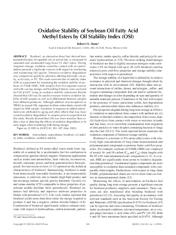 (PDF) Oxidative stability of soybean oil fatty acid methyl esters by ...