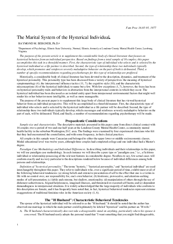 (PDF) The Marital System of the Hysterical Individual