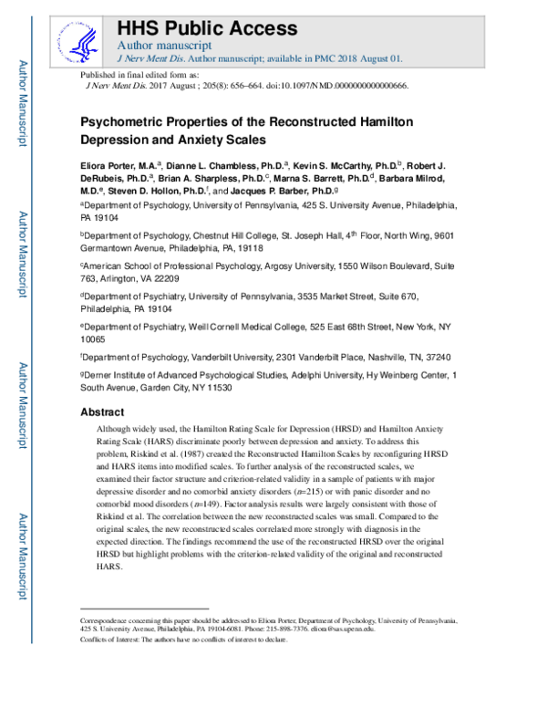 (PDF) Psychometric Properties of the Reconstructed Hamilton Depression ...