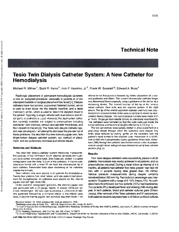 (PDF) Tesio twin dialysis catheter system: a new catheter for hemodialysis