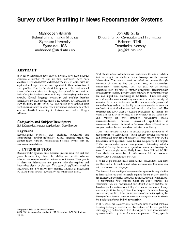 (PDF) Survey of User Profiling in News Recommender Systems | Mahboobeh ...