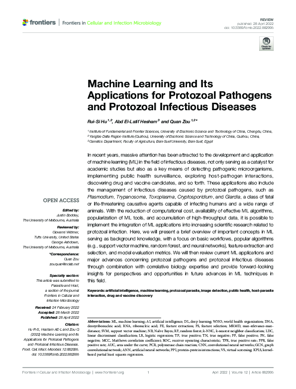 (PDF) Machine Learning and Its Applications for Protozoal Pathogens and Protozoal Infectious ...