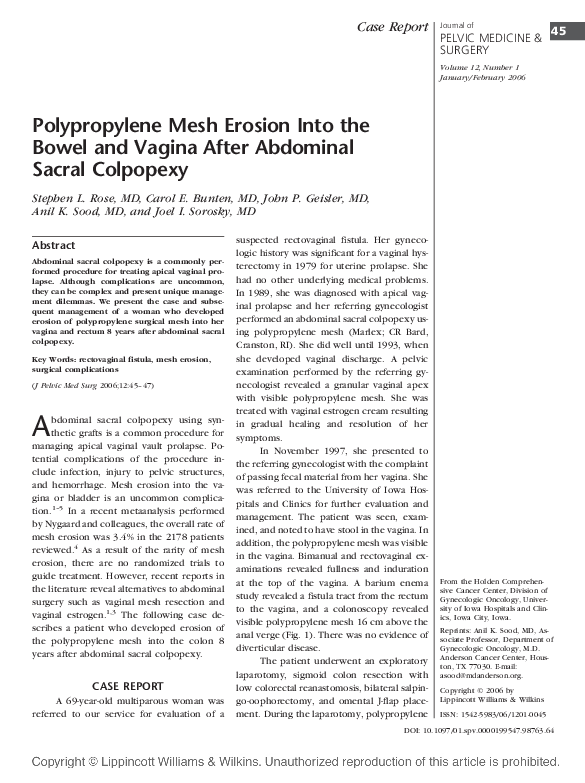 (PDF) Polypropylene Mesh Erosion Into the Bowel and Vagina After ...