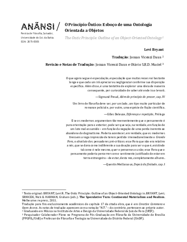 (PDF) Tradução - O Princípio Ôntico: Esboço de uma Ontologia Orientada ...