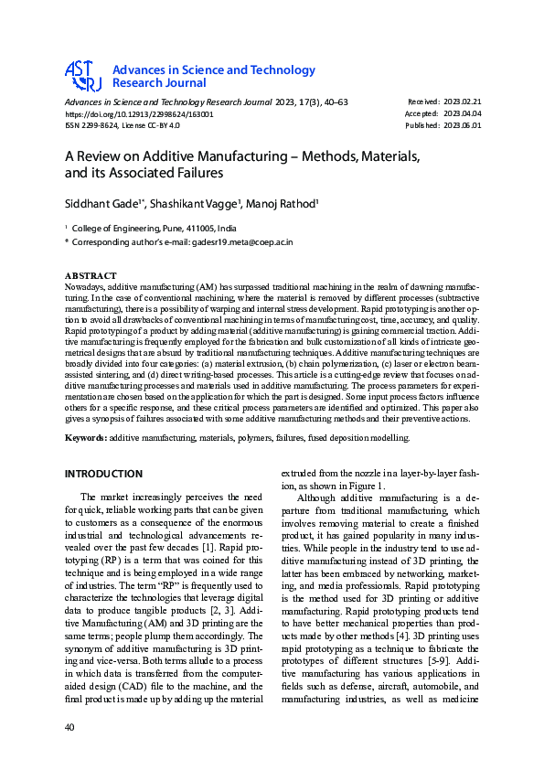 (PDF) A Review on Additive Manufacturing – Methods, Materials, and its ...