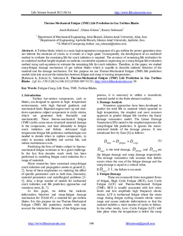 (PDF) DDD Thermo-Mechanical Fatigue ( TMF ) Life Prediction in Gas Turbine Blades