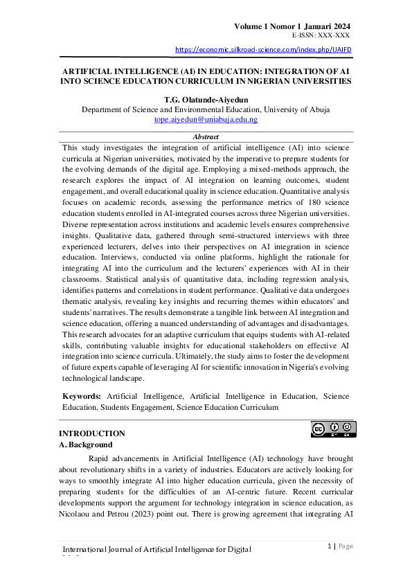(PDF) ARTIFICIAL INTELLIGENCE (AI) IN EDUCATION: INTEGRATION OF AI INTO SCIENCE EDUCATION ...