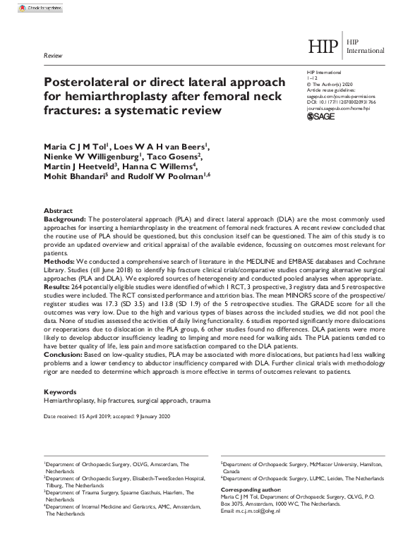 (PDF) Posterolateral or direct lateral approach for hemiarthroplasty ...
