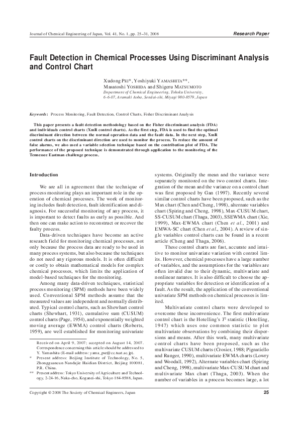 (PDF) Fault Detection in Chemical Processes Using Discriminant Analysis and Control Chart