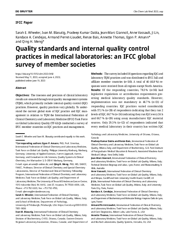 (PDF) Quality standards and internal quality control practices in medical laboratories: an IFCC ...