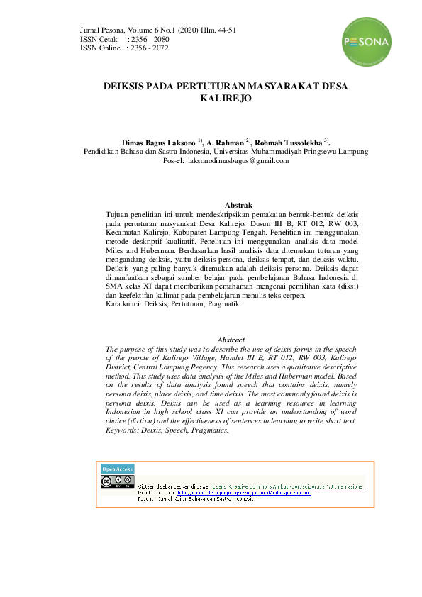 (PDF) Deiksis Pada Pertuturan Masyarakat Desa Kalirejo | Adi Laksono - Academia.edu
