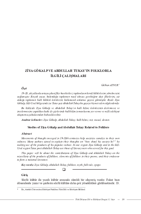 (PDF) Zi̇ya Gökalp Ve Abdullah Tukay’In Folklorla İlgi̇li̇ Çalişmalari